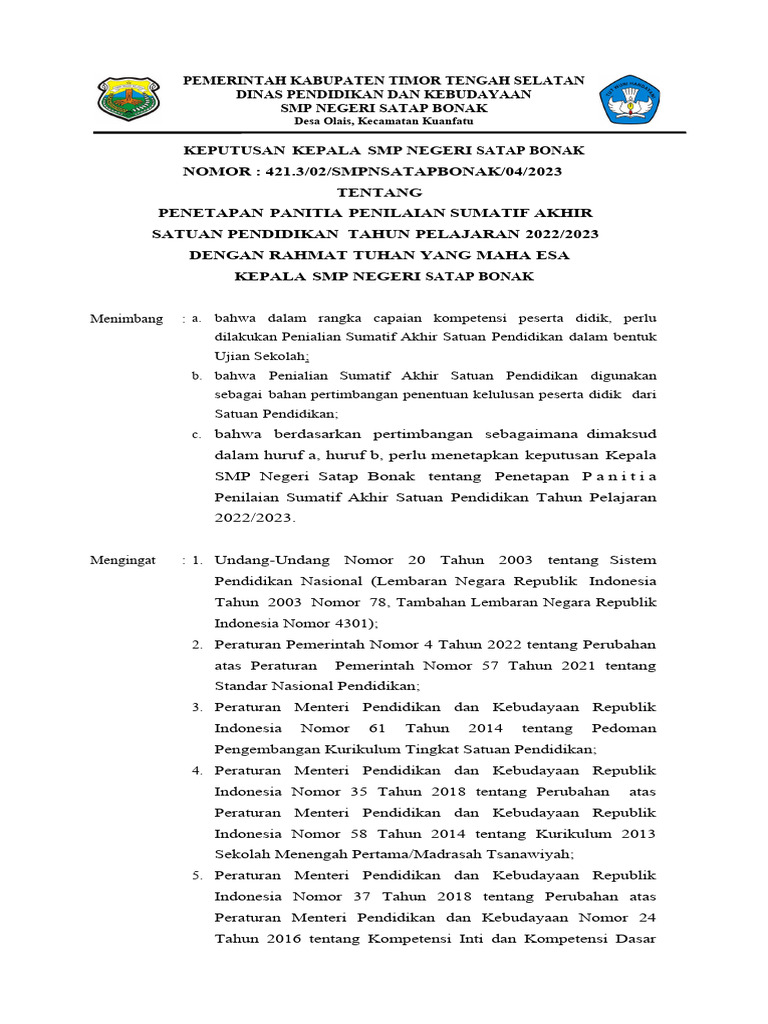 2.SK PENETAPAN Panitia PSASP TP 2022-2023 | PDF