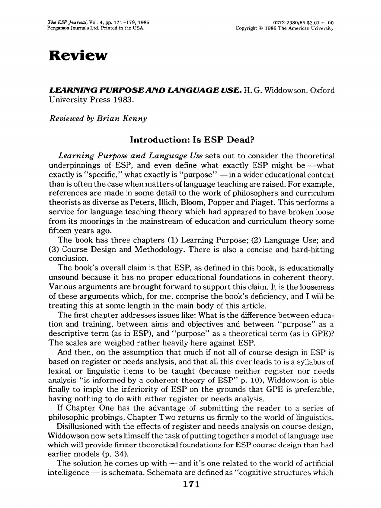 Learning Purpose and Language Use H G Widdowson Oxford U 1985 The ESP Jou | PDF | Methodology ...