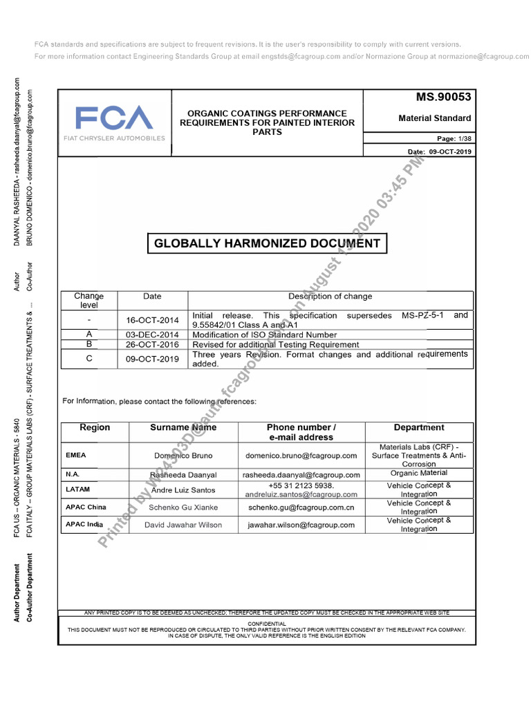 FIAT - MS.90053 - Organic Coatings Performance Requirements For Painting Interior | PDF