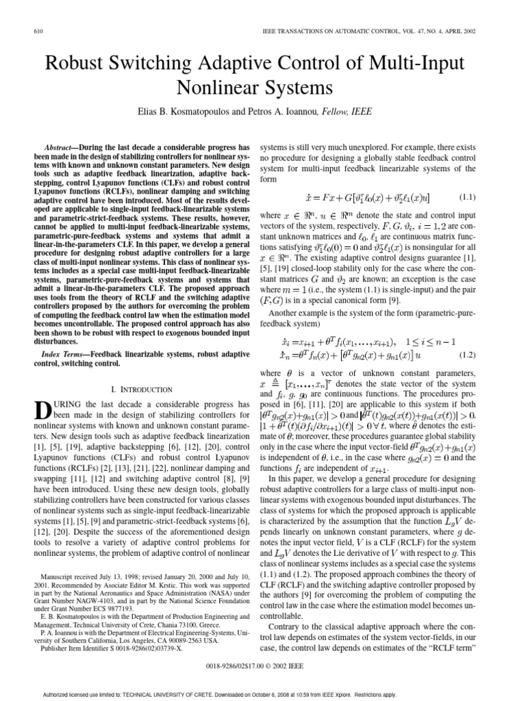 Robust Switching Adaptive Control of Mul | PDF | Control Theory | Function (Mathematics)