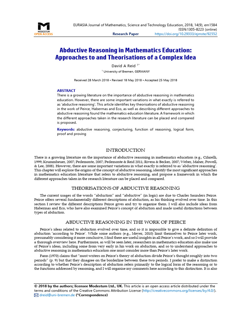 Abductive Reasoning in Mathematics Education Approaches To and ...
