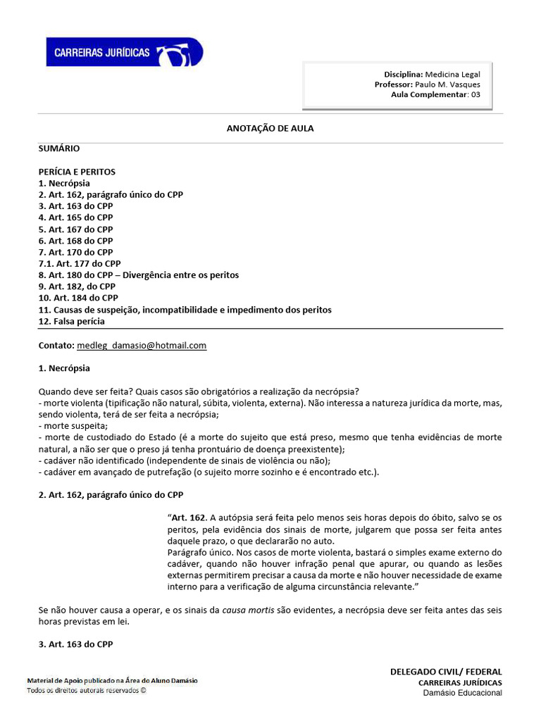 Resumo-Medicina Legal-Aula Complementar 03-Pericia e Peritos-Paulo Vasques-DEL | PDF