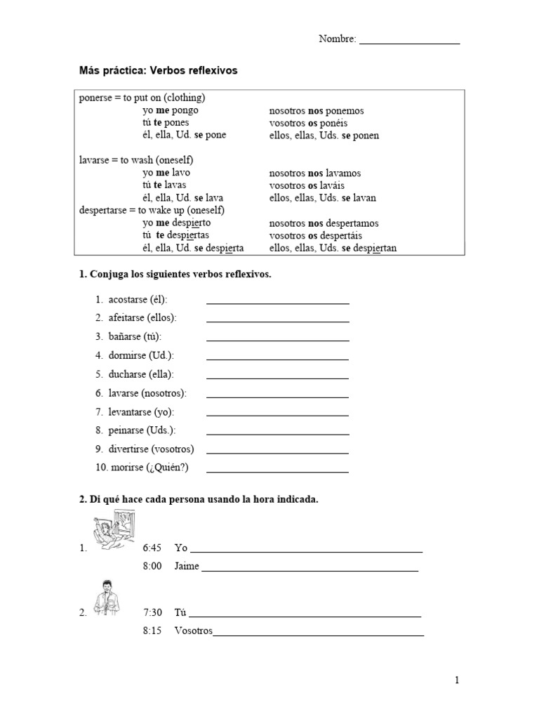 Práctica de Verbos Reflexivos | PDF