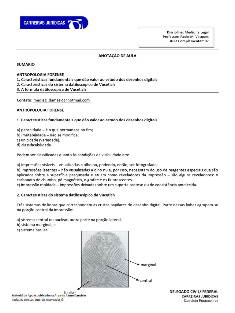 Resumo-Medicina Legal-Aula Complementar 07-Antropologia Forense-Paulo Vasques-DEL | PDF | Impressão