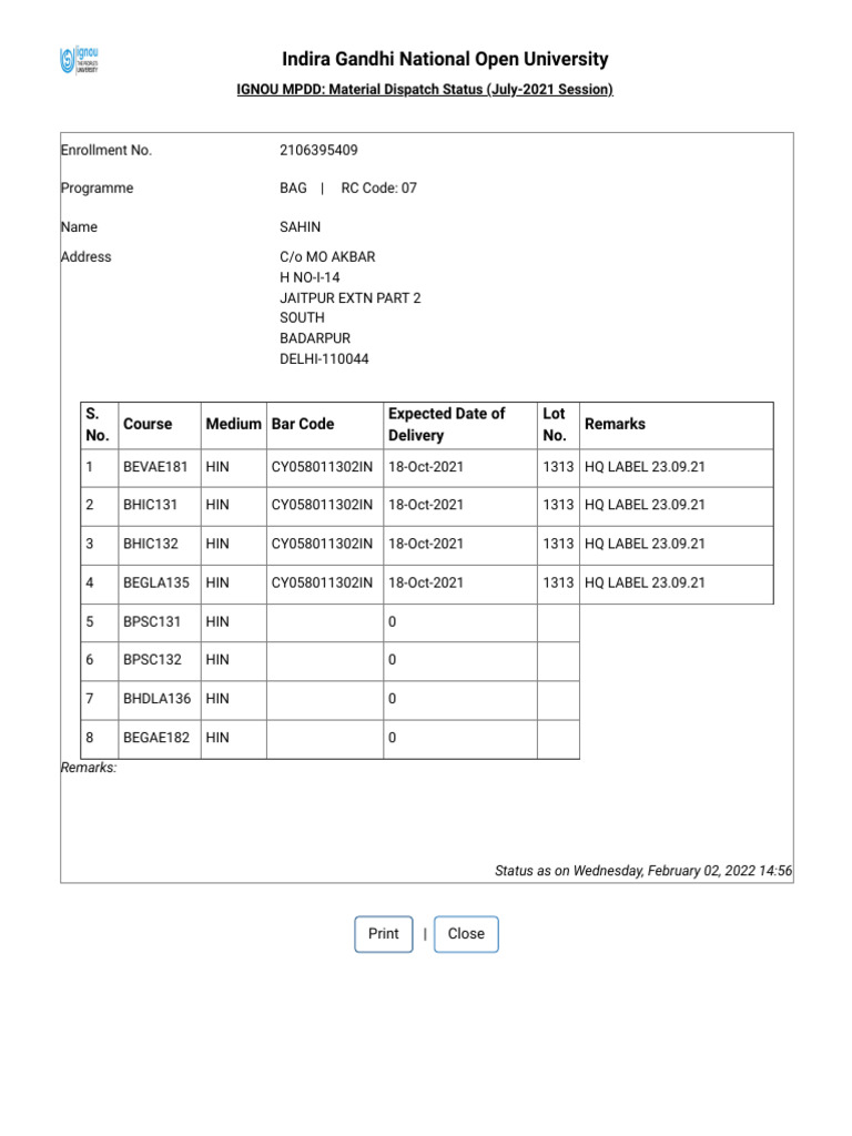 IGNOU - Student Material Status | PDF