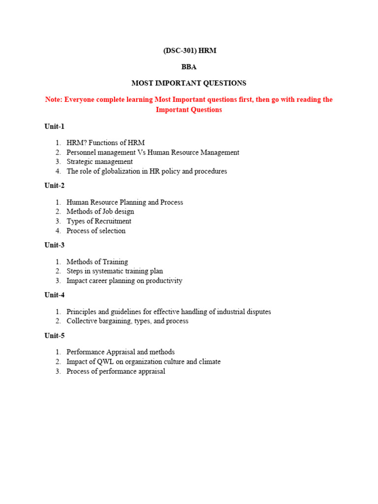 HRM Important Qns | PDF | Human Resource Management | Business Economics