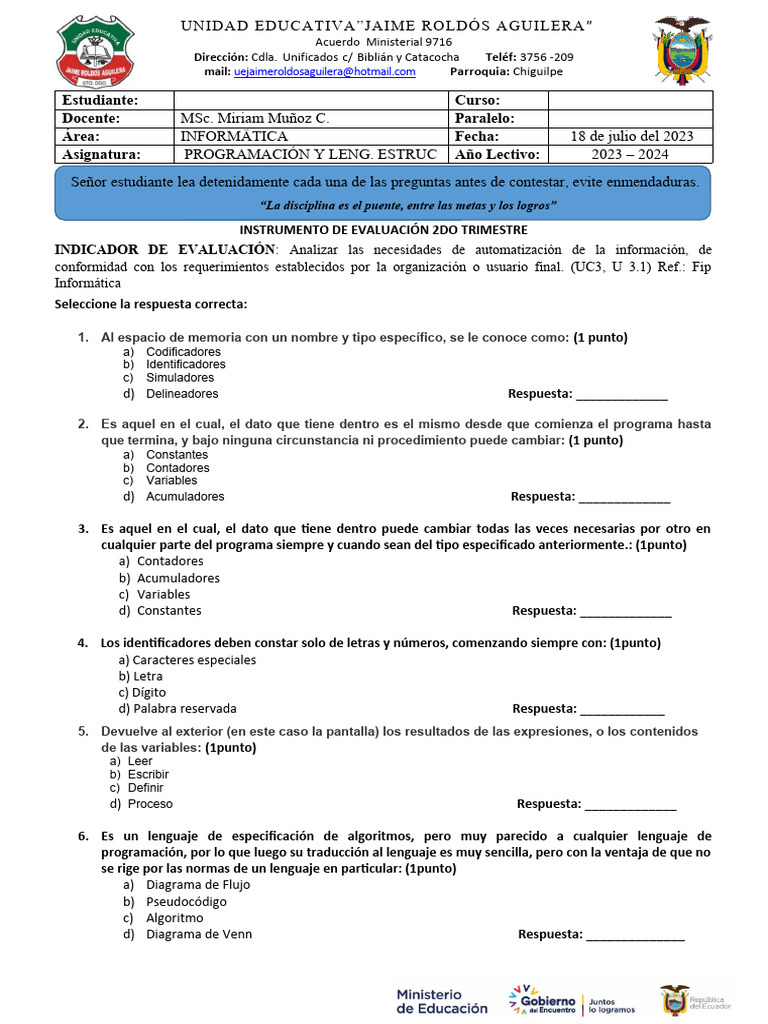 EXAMEN 2DO TRIMESTRE PROGRAMACION 2023 | PDF | Algoritmos | Lenguaje de ...