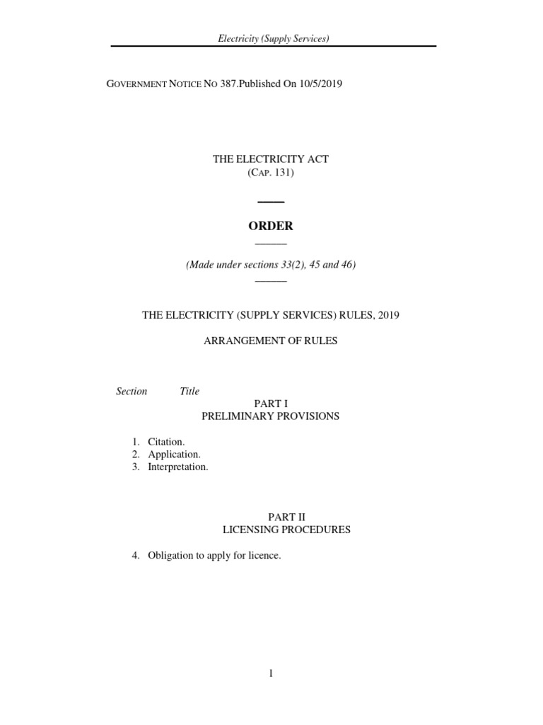 The Electricity Supply Services Rules 2019 GN 387 | PDF