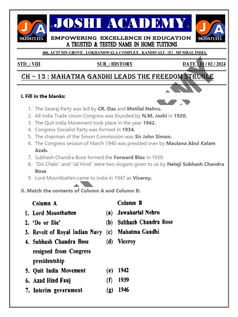 CH - 13 - Mahatma Gandhi Leads The Freedom Strugle - Q & A | PDF ...