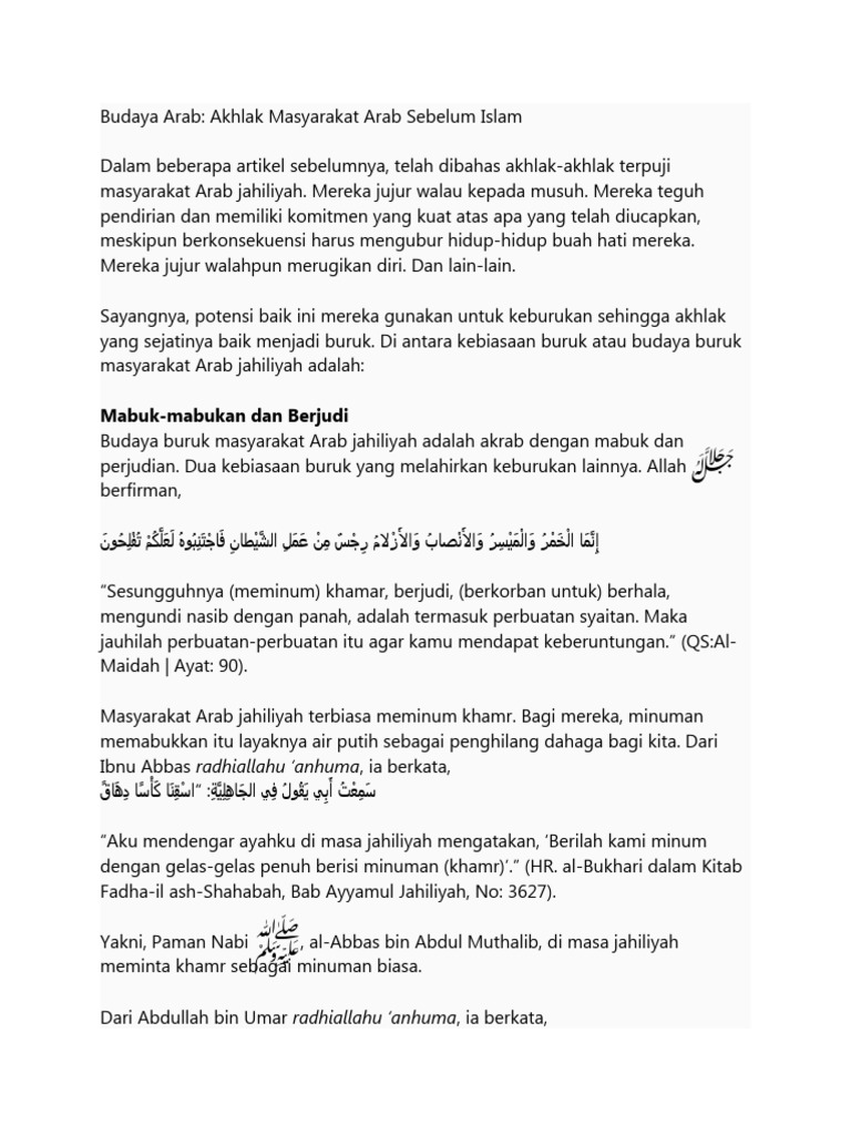 Budaya Arab Akhlak Masyarakat Arab Sebelum Islam | PDF