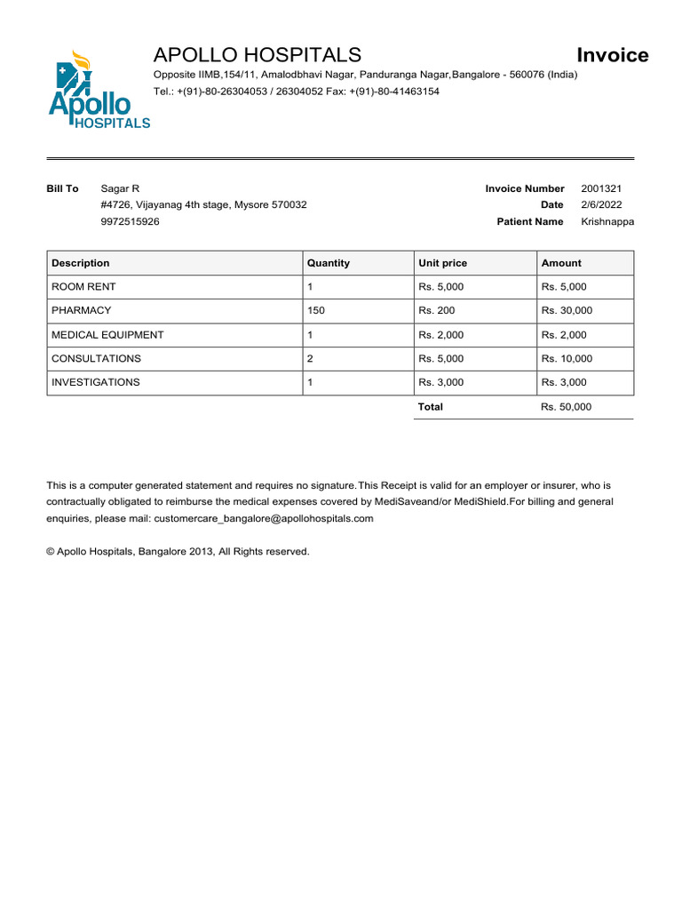 Apollo Hospital Medical Bill Invoice | PDF