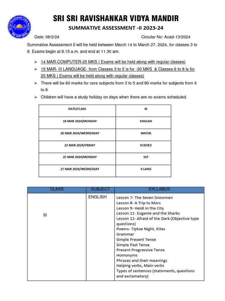 SUMMATIVE ASSESSMENT II - Class 3 | PDF | Subject (Grammar) | Verb