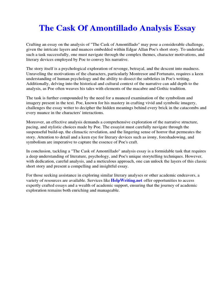 The Cask of Amontillado Analysis Essay | PDF