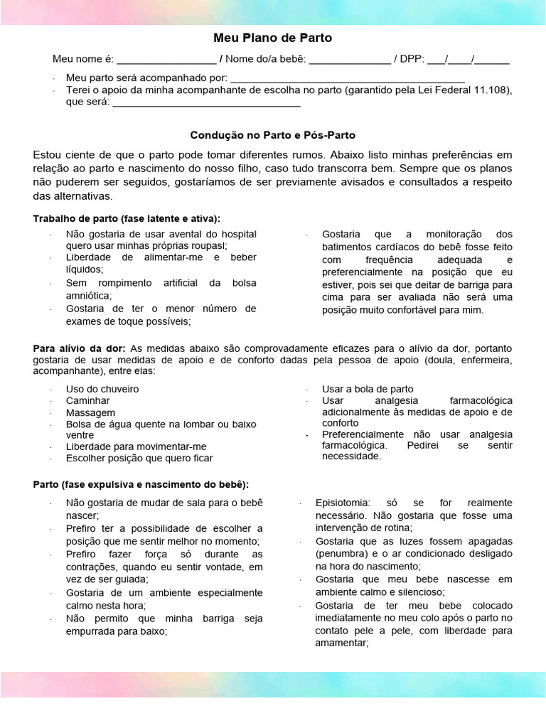 Plano de Parto | PDF | Parto | Medicina Clínica Plano de Parto | PDF | Parto | Medicina Clínica