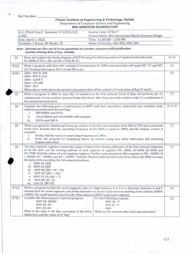 Microprocessor Exam Questions 2022 | PDF