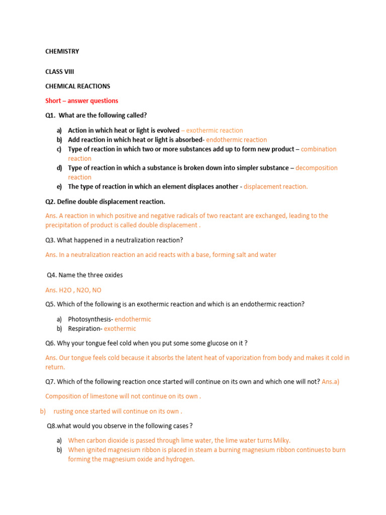 Types of Chemical Reactions - Notes | Download Free PDF | Chemical ...