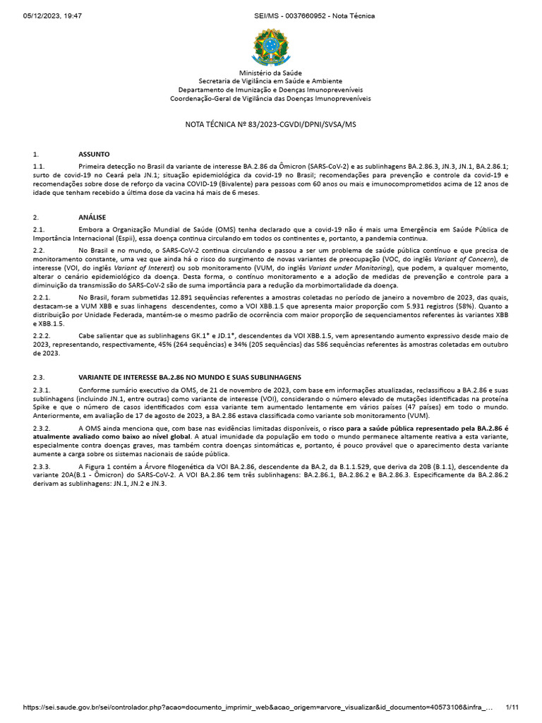 Nota Técnica #83 2023 Cgvdi Dpni Svsa MS | PDF