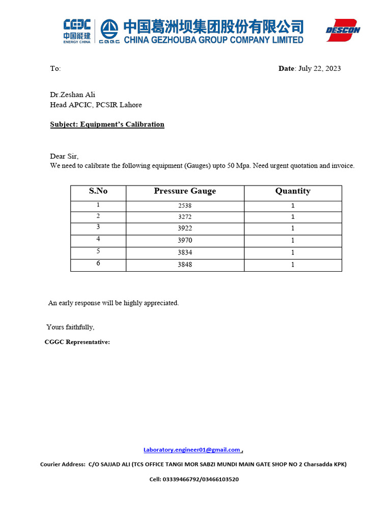 PCSIR Letter For Guages Calibration | PDF