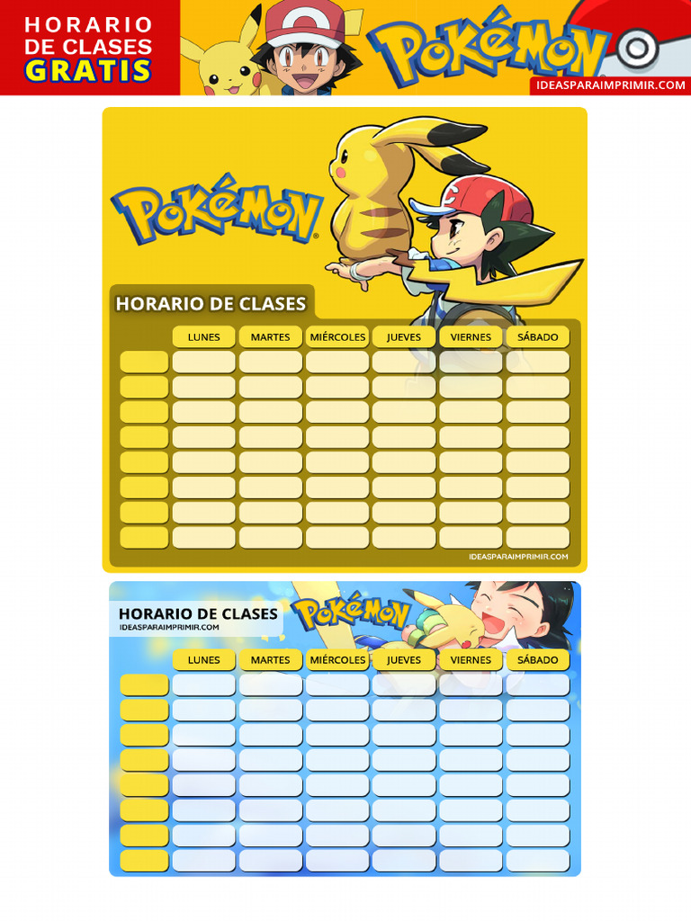 Horario de Clases Pokemon Pikachu para Imprimir Gratis | PDF
