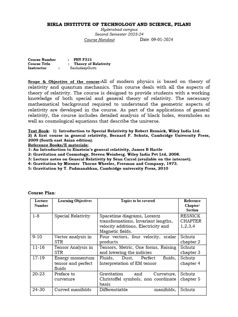 Phy F315 Theory of Relativity | PDF | Teaching Methods & Materials | Science & Mathematics