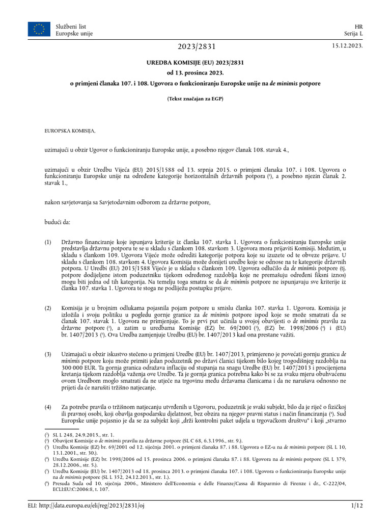 Nova Uredba de Minimis | PDF