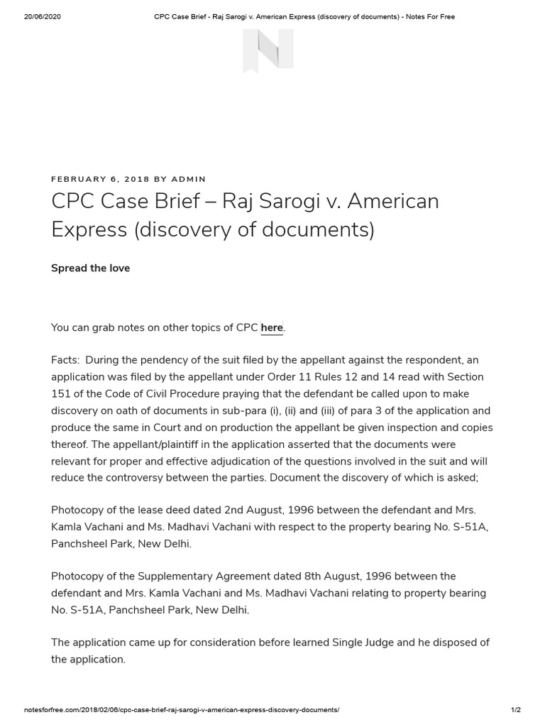 35 CPC Case Brief - Raj Sarogi v. American Express (Discovery of ...