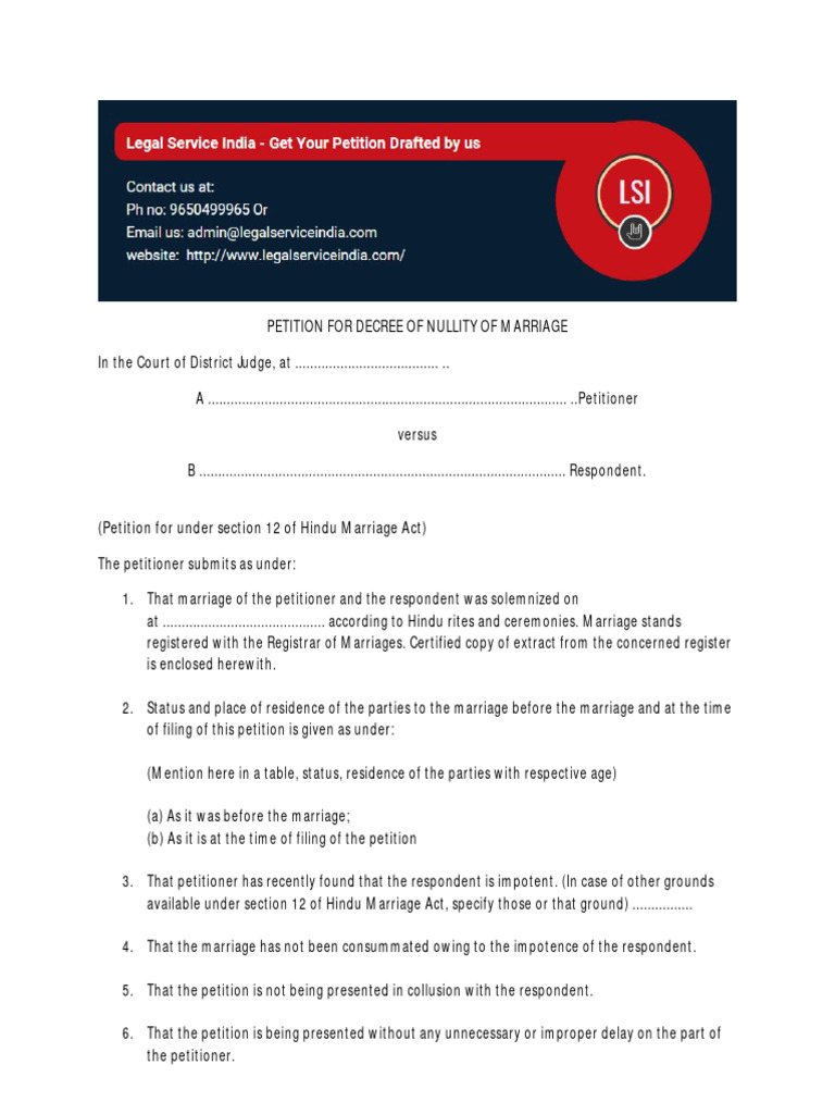 Petition Decree of Nullity Marriage Section 12 | PDF | Marriage | Justice