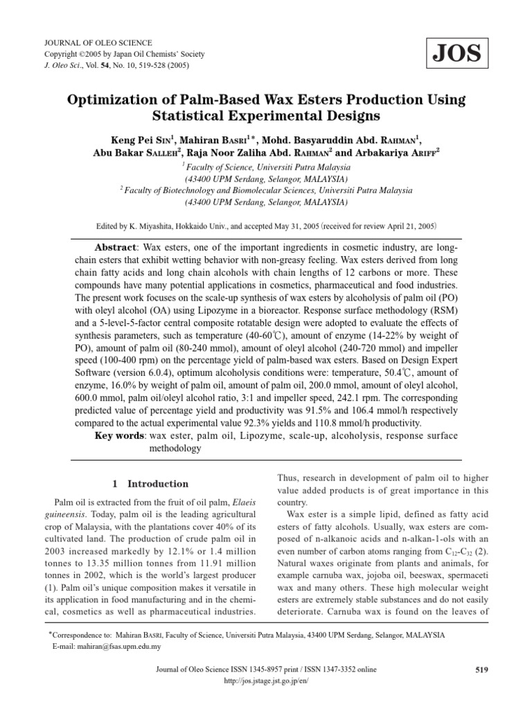 Optimization of Palma - Based Wax Esters Production - Statistical ...