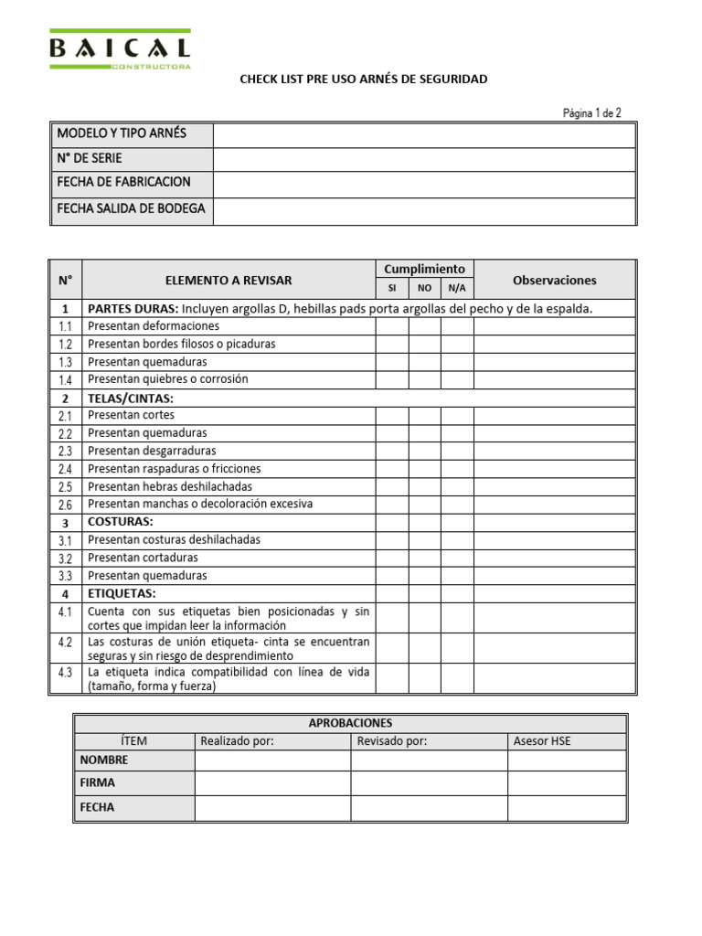 Check List Arnés - Línea de Vida | PDF | Equipo de protección personal