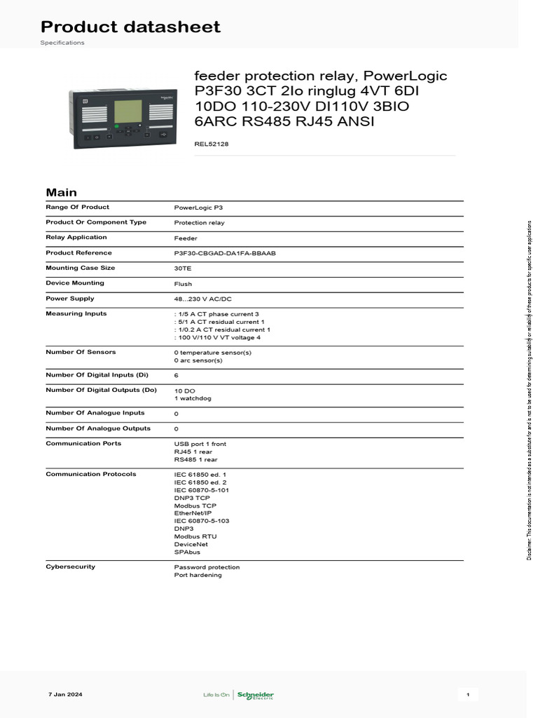 Schneider Electric PowerLogic P3 Protection Relays REL52128 | PDF | Ac Power | Electromagnetic ...
