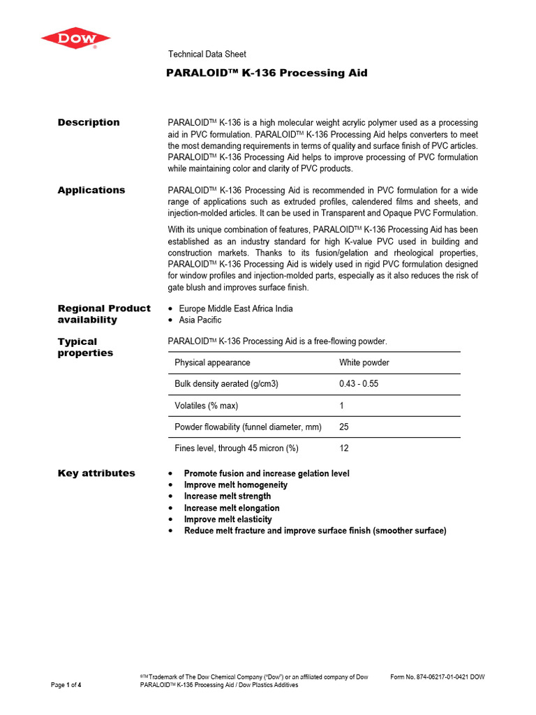 874 06217 01 Paraloid k136 Acrylic Processing Aid Tds | Download Free PDF | Polyvinyl Chloride ...