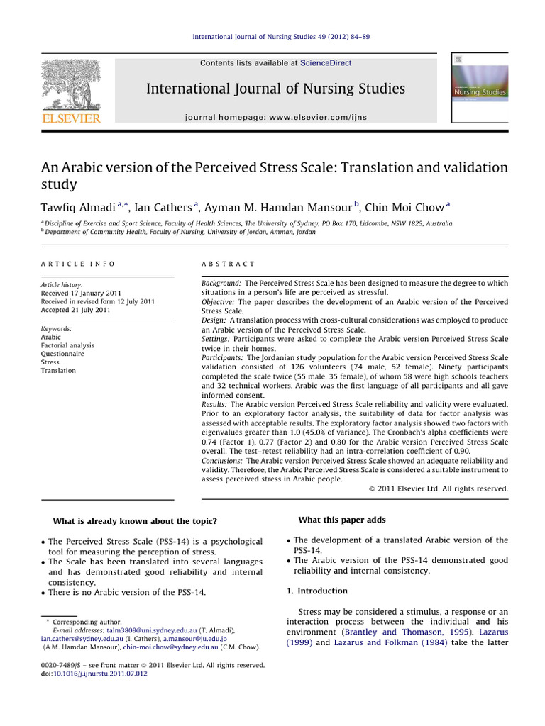 Arabic Perceived Stress Scale Validation | PDF | Self-Improvement ...