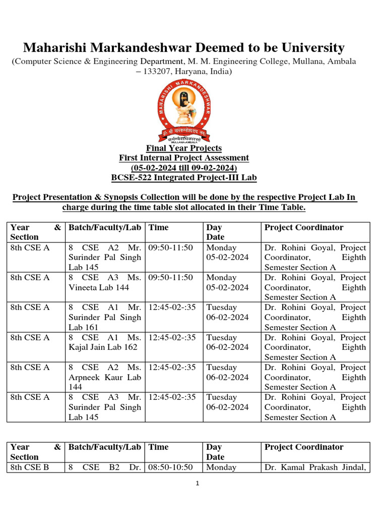 First Project Presentation Schedule | PDF