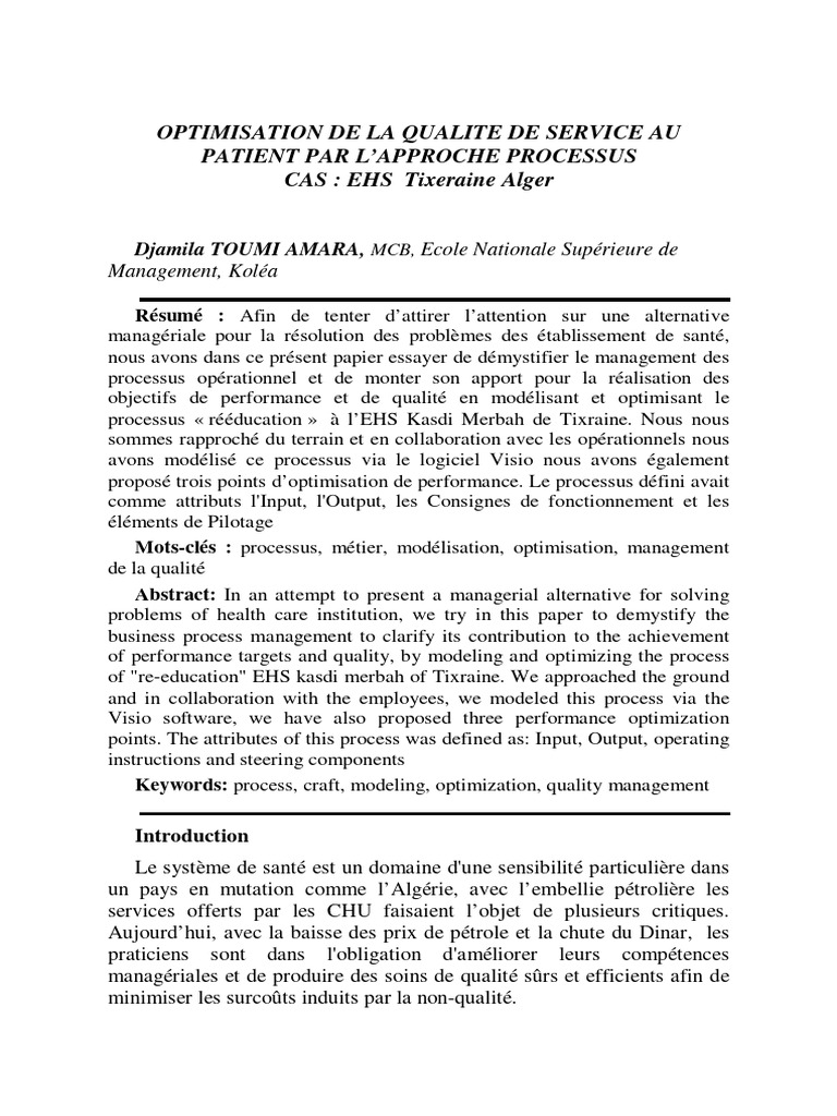 Optimisation de La Qualite de Service Au Patient Par L'approche Processus Cas Ehs Tixeraine ...