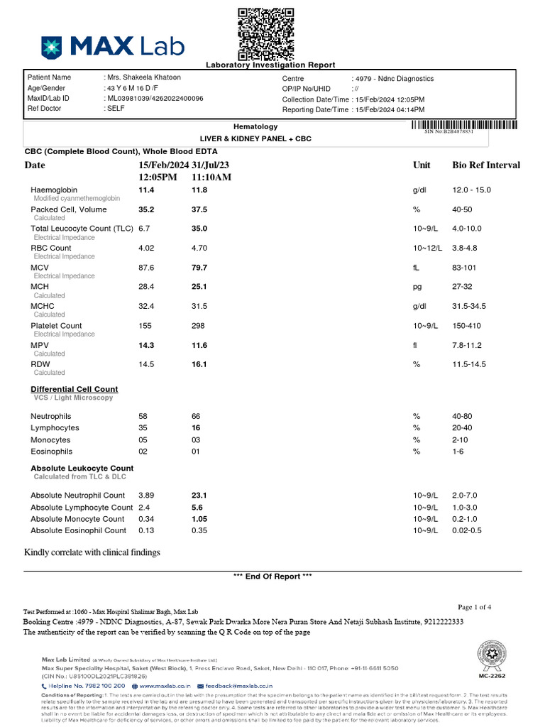 Date 15/feb/2024 12:05PM 31/jul/23 11:10AM Unit Bio Ref Interval | PDF ...