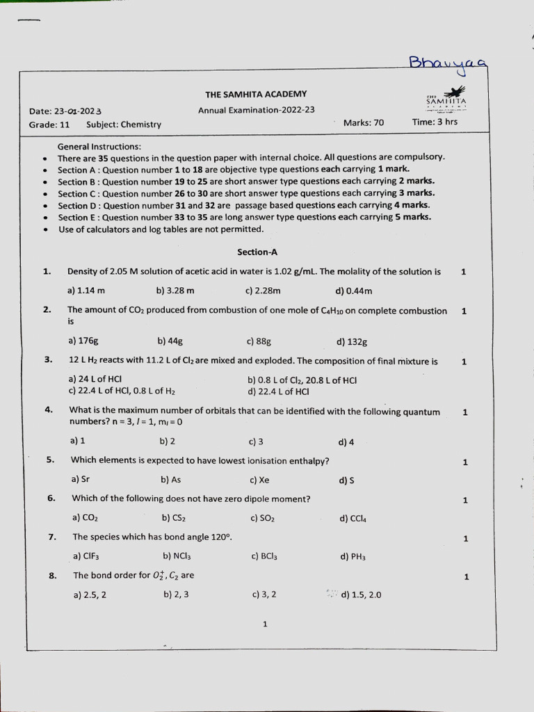 11th Chem Annual QP | PDF