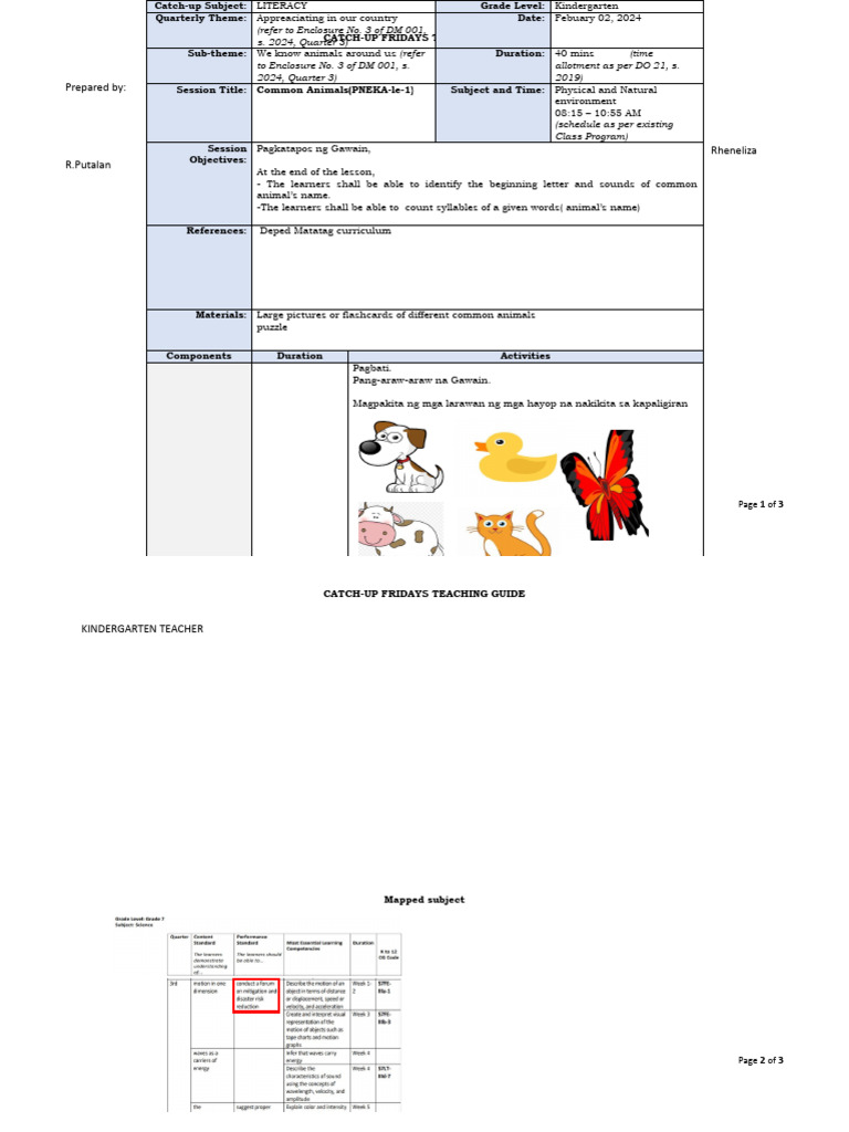Kinder Catch Up Friday Lesson Plan | PDF
