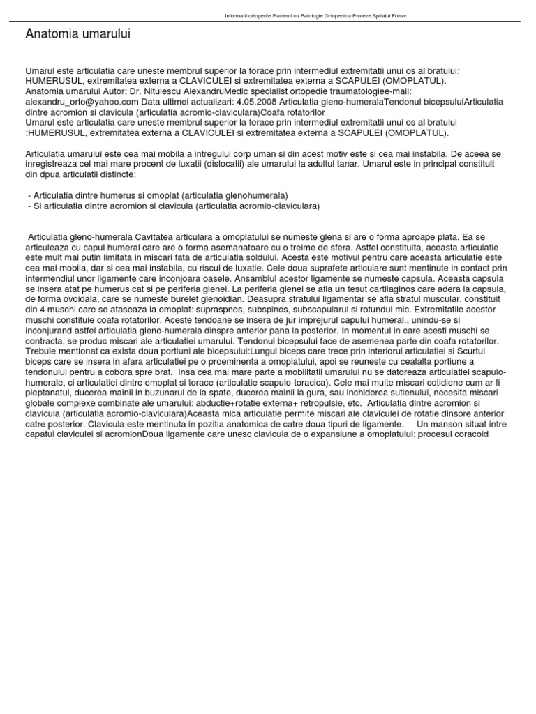 Anatomia Umarului - Ortopediaonline | PDF