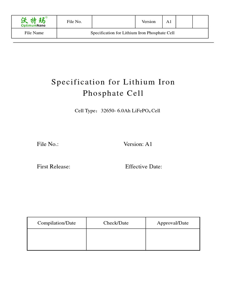 6.0ah LiFePO4 Cell Specification | PDF | Rechargeable Battery | Chemistry