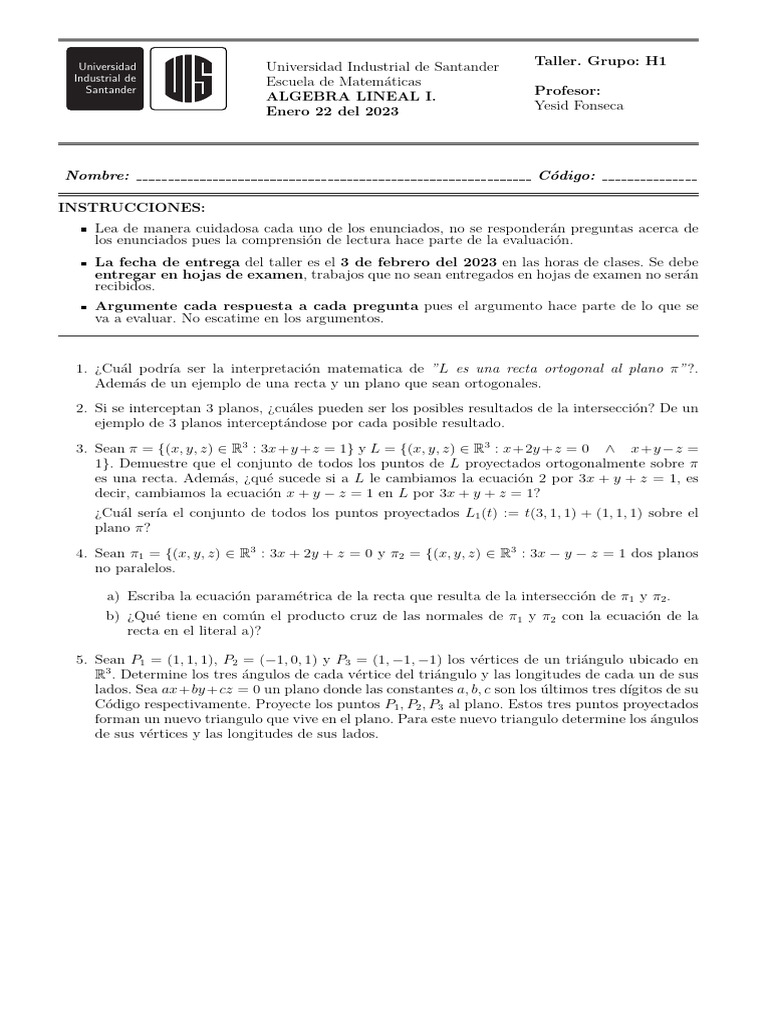 Taller de Álgebra Lineal I - UIS | PDF | Triángulo | Álgebra