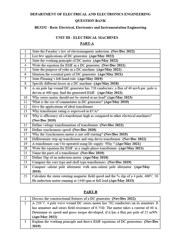 BE3252 QB Unit3 | Download Free PDF | Electric Motor | Transformer
