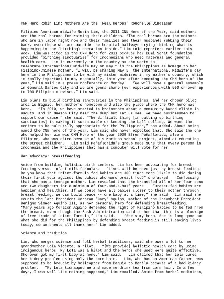 CNN Hero Robin Lim Mothers Are The Real Heroes 1 | PDF | Breastfeeding ...