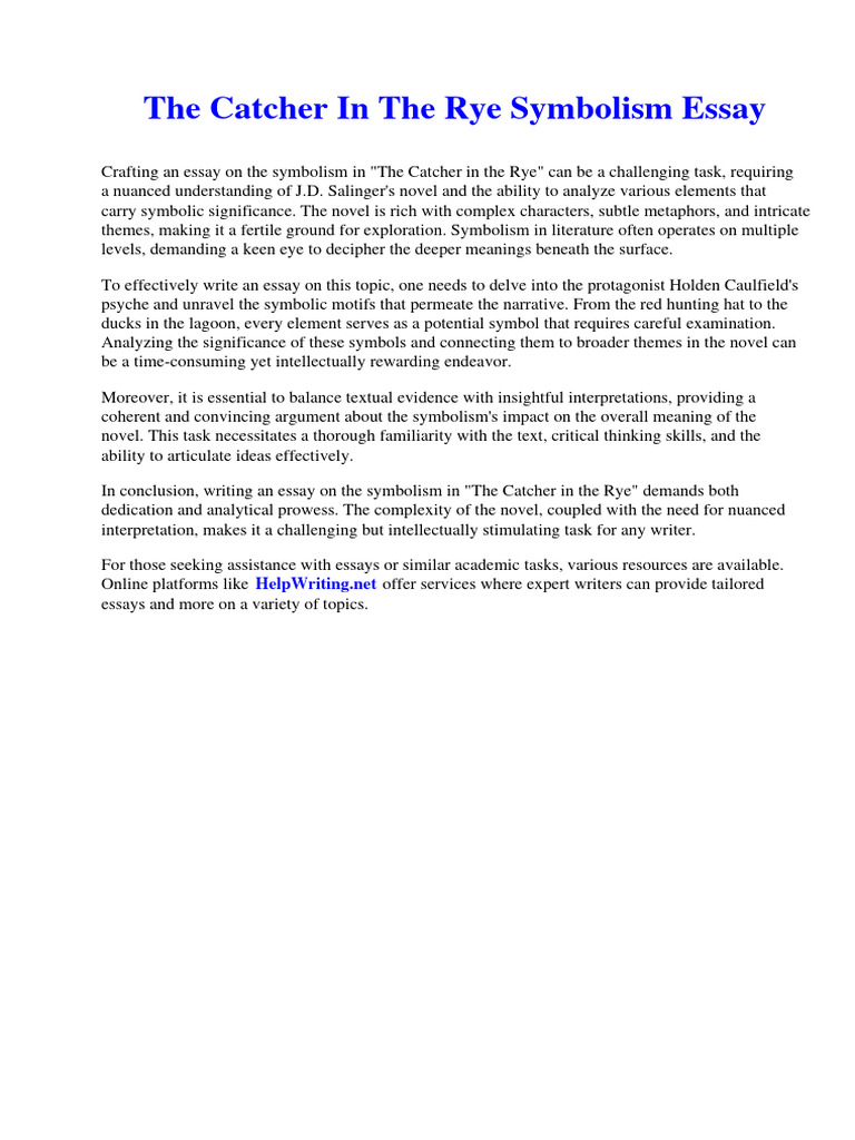 The Catcher in The Rye Symbolism Essay | PDF