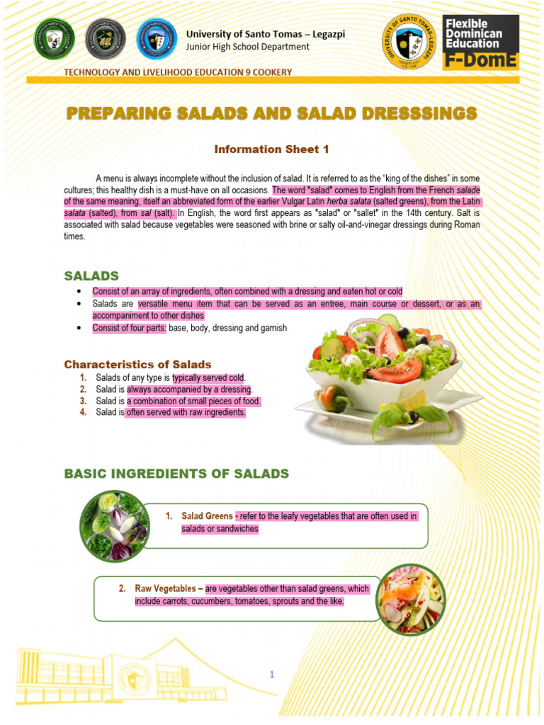 Information Sheet 1 M3 - Preparing Salads. | PDF