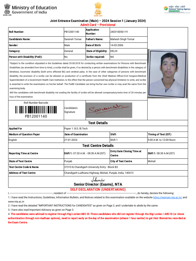 JEE Main 2024 Admit Card Instructions | PDF | Identity Document