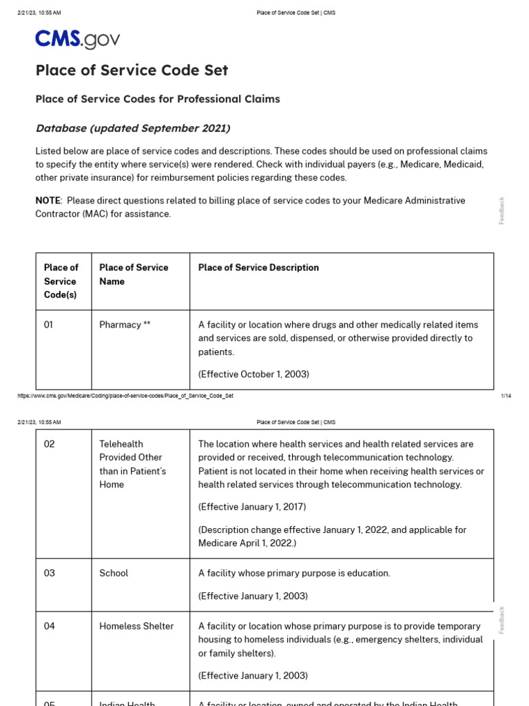 Place of Service Code Set - CMS | PDF | Hospital | Patient