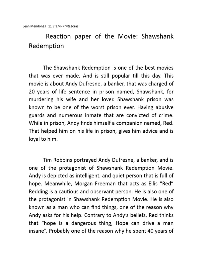 Reaction Paper of Shawshank Redemption Movie | PDF