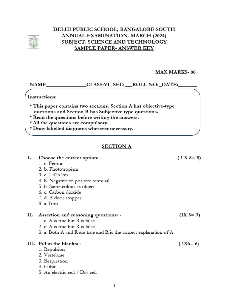 Grade6 - Science Sample Paper Anskey | PDF | Atmosphere Of Earth | Electricity