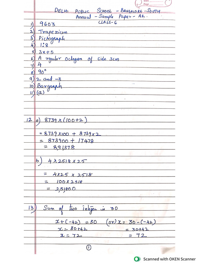 Grade6 - Mathematics Sample Paper Anskey | PDF