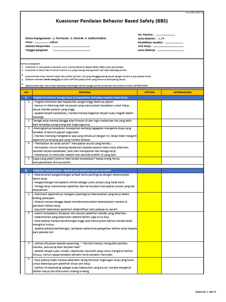 Kuesioner Penilaian Behavior Based Safety | PDF | Bisnis